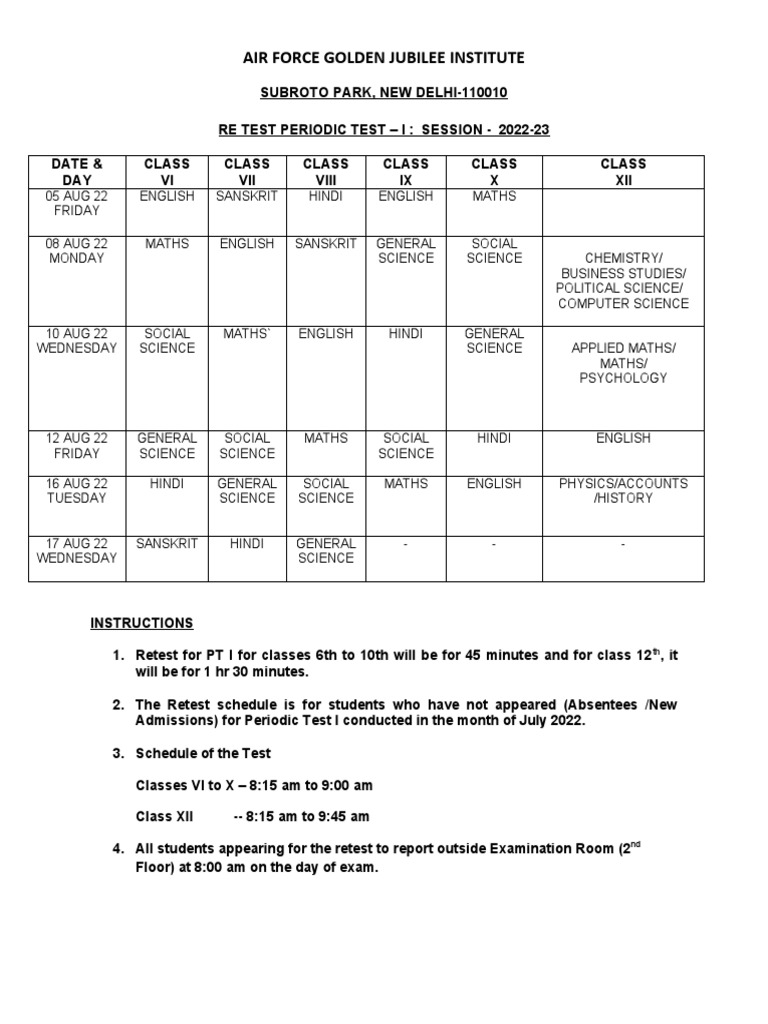 Date Sheet PT-I | PDF | Educational Stages | Science