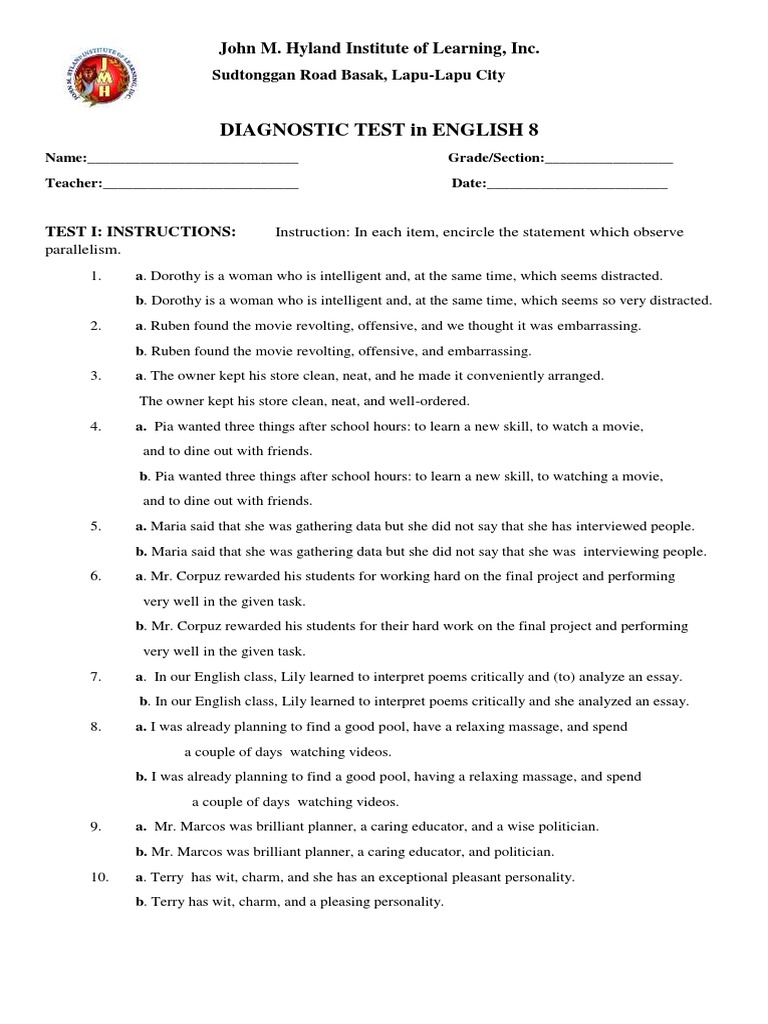 Diagnostic Test in English 8 | PDF