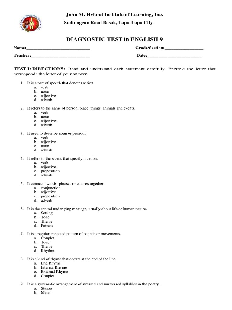 Diagnostic Test in English 9 | PDF | Adjective | Adverb