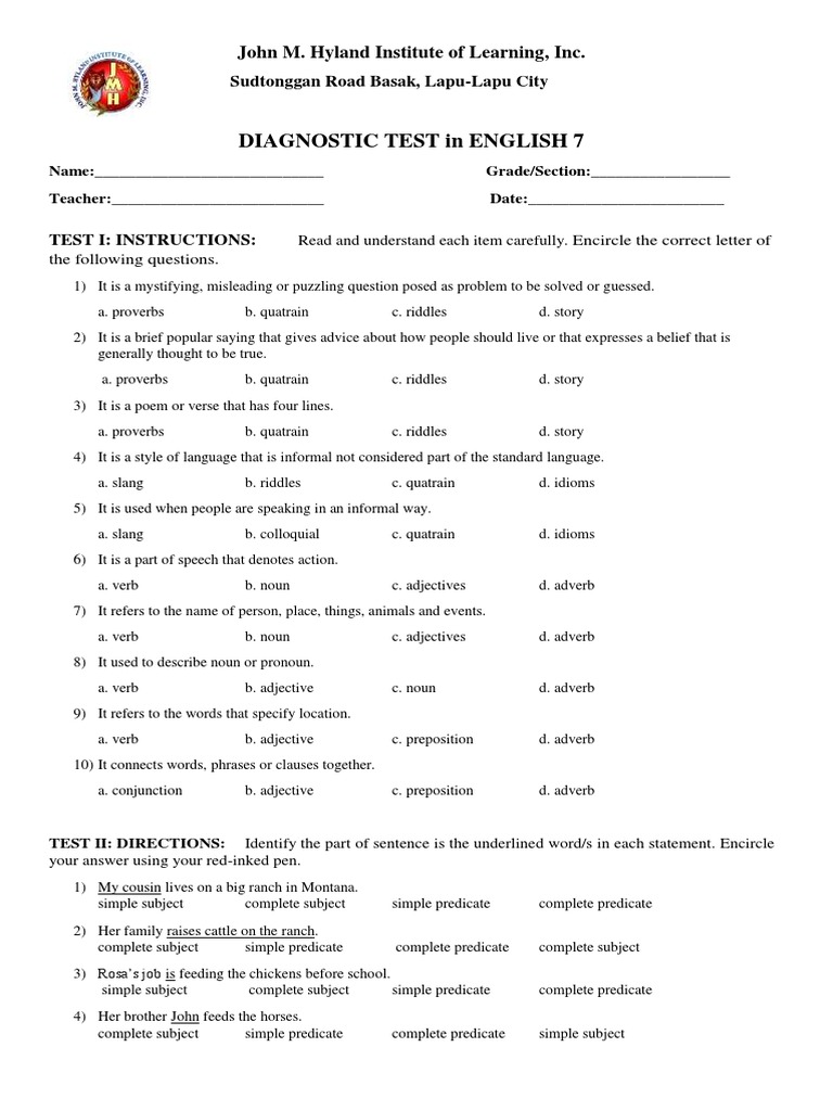Diagnostic Test in English Seven | PDF | Adverb | Adjective