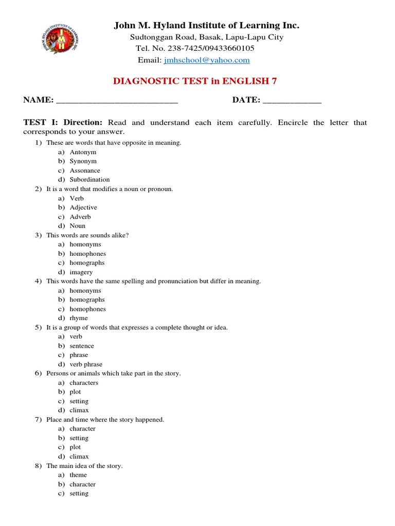 Grade 7 English Diagnostic Test | PDF | English Language | Verb