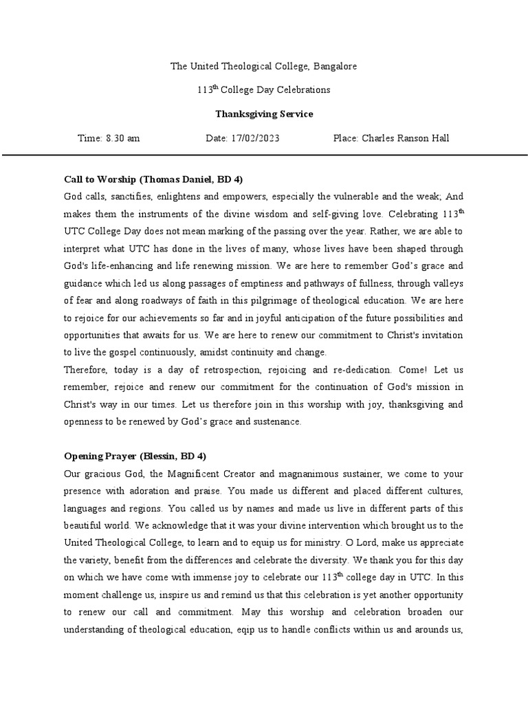 Order of Worship For College Day '17-2-2023-1 | PDF | Prayer | Jesus