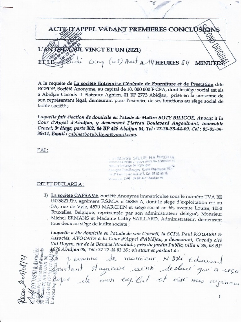 Acte D'appel Valant Premières Conclusions (EGFOP SA) - SOCIETE CAPSAVE ...