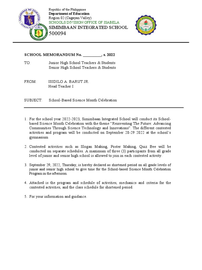 Simimbaan Integrated School Science Month Celebration | PDF