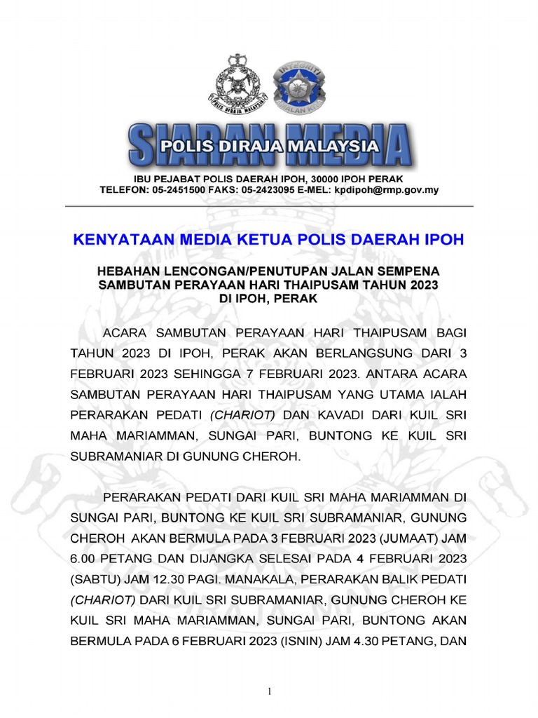 Siaran Media KPD Ipoh - Penutupan Jalan Sempena Hari Thaipusam 2023 | PDF