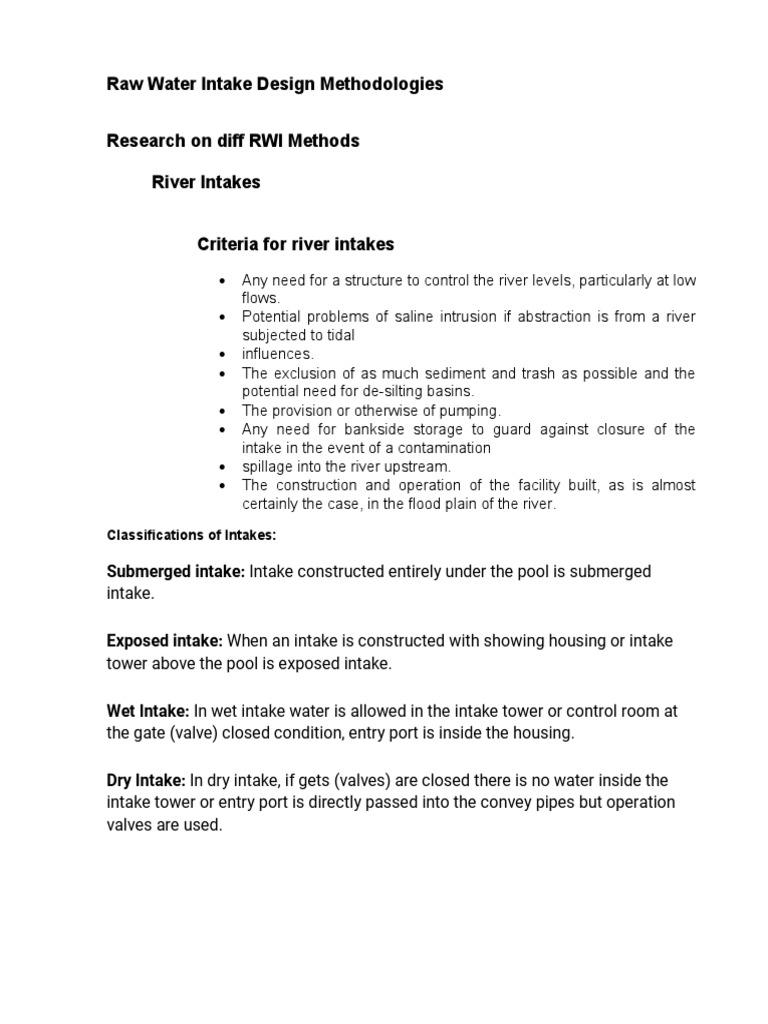 Raw Water Intake Design Methodologies | PDF