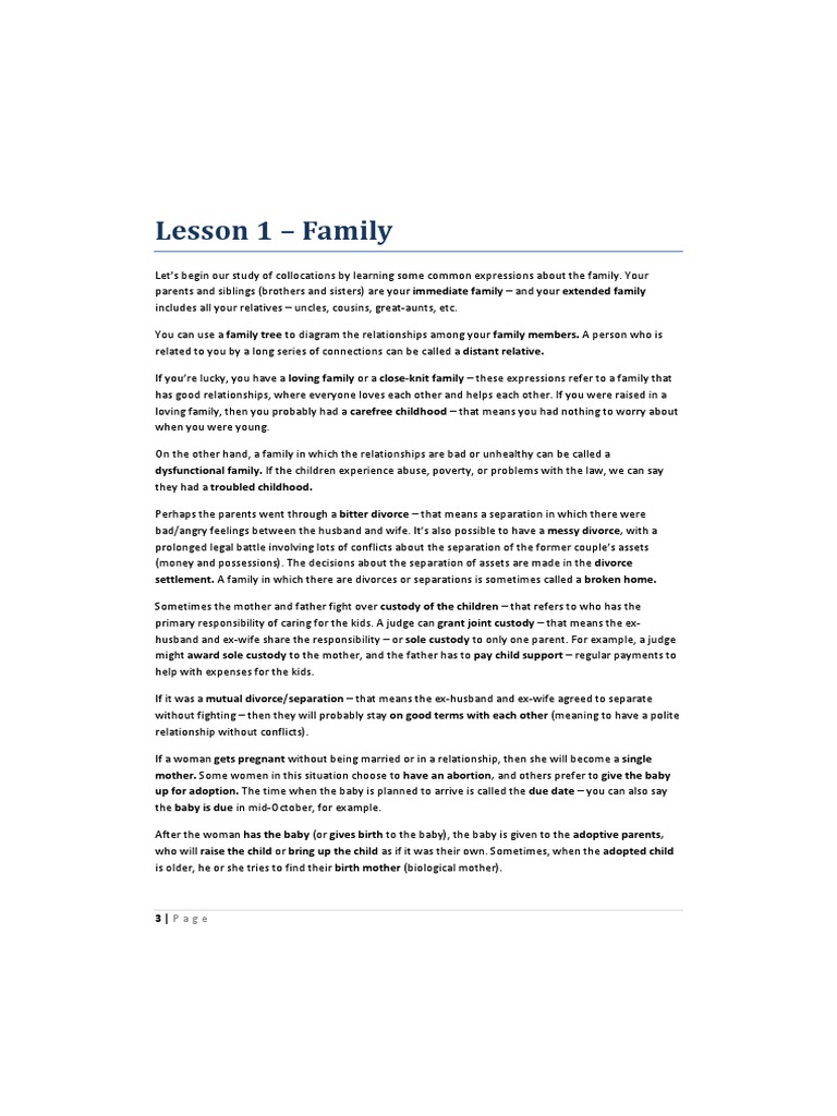 Family Collocations Pdf Family Divorce