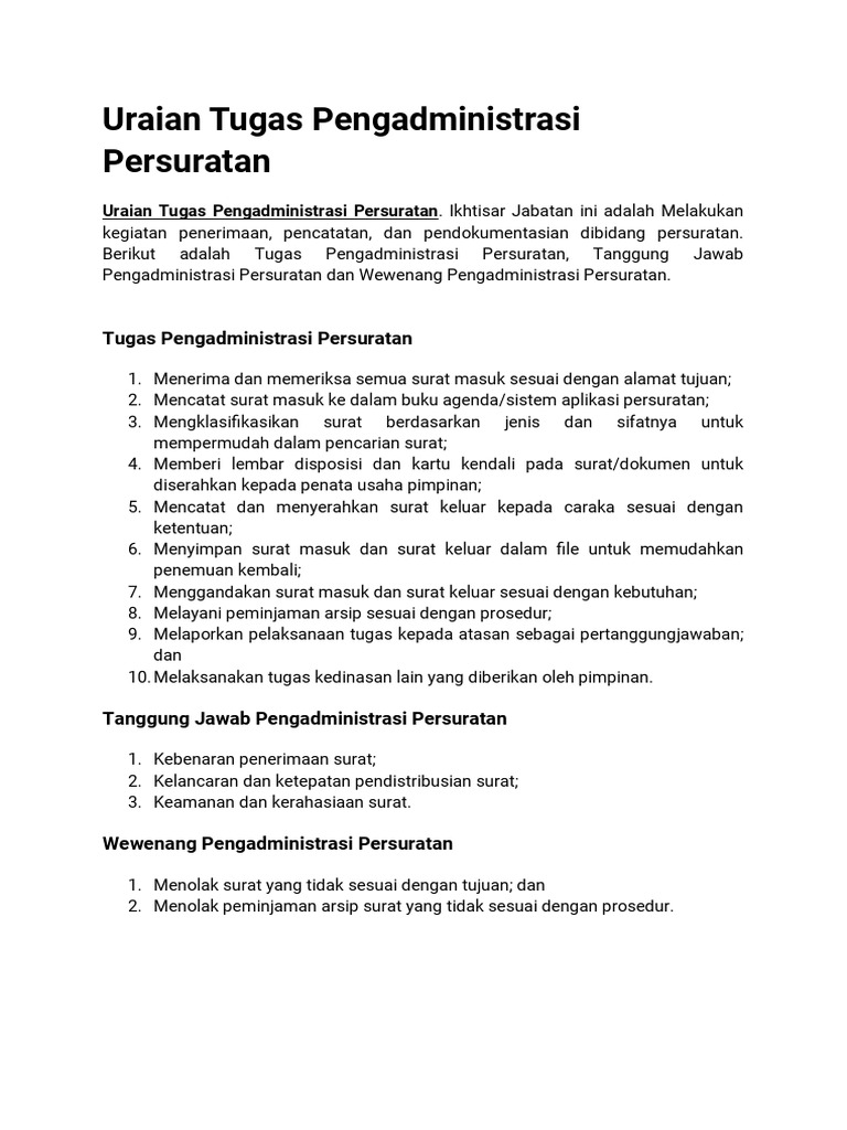 Uraian Tugas Pengadministrasi Persuratan | PDF | Karier & Perkembangan