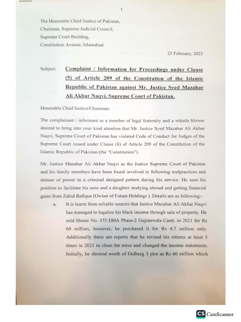 Refernce Filed in SJC Against Justice Mazahar Ali Akbar Naqvi | PDF