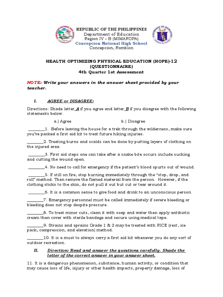 Hope 12 Assessment 1 4TH QTR | PDF | Hazards | First Aid
