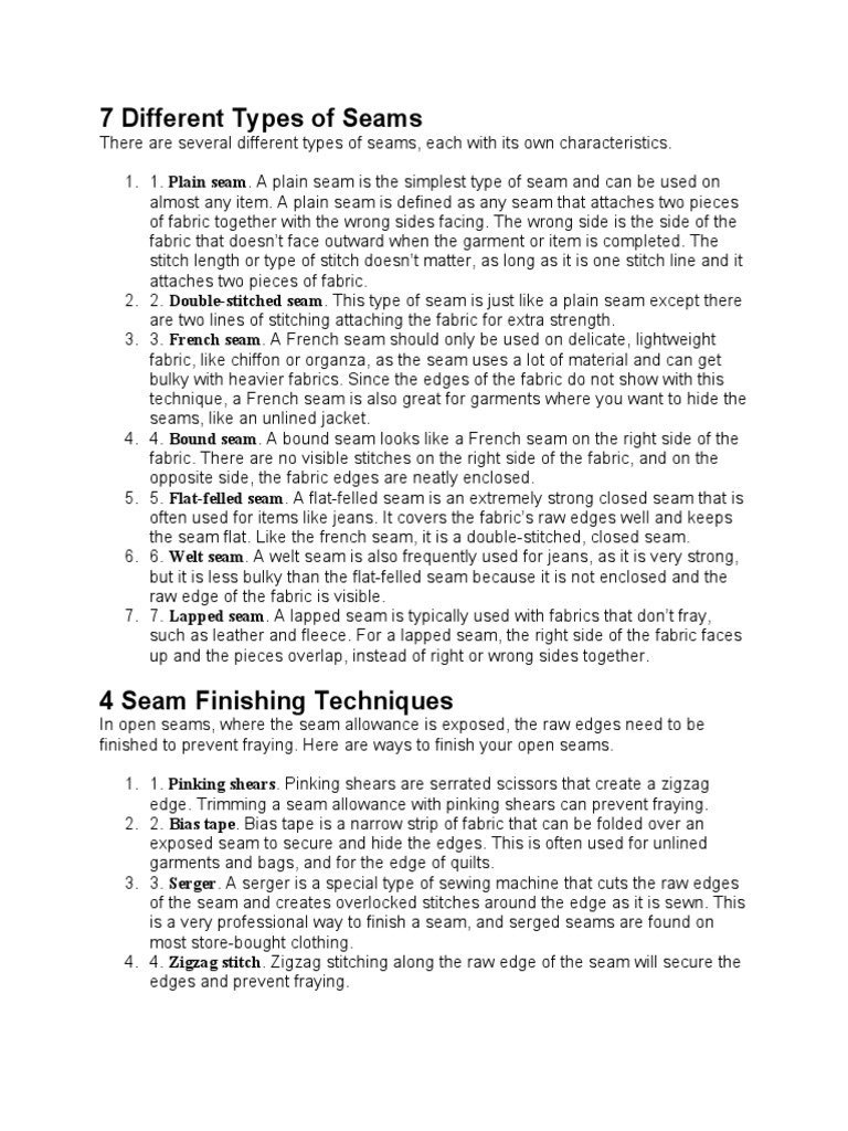 Overview of 7 Seam Types | PDF | Seam (Sewing) | Softlines (Retail)
