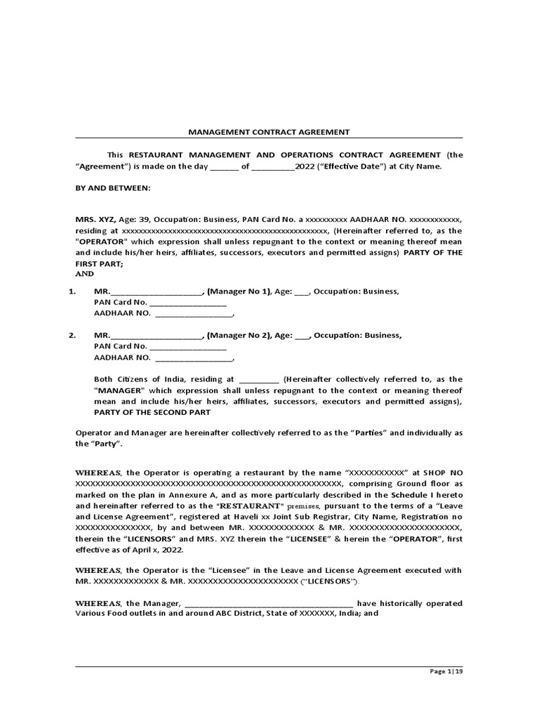 SCRIBD Restaurant Management Contract Agreement | PDF | Indemnity | Breach Of Contract