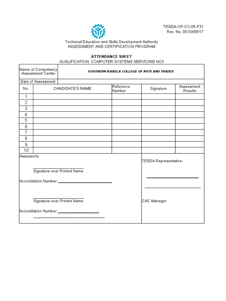 Computer Systems Servicing NCII Attendance Sheet | PDF