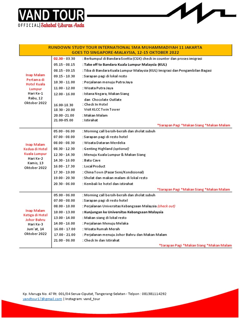 Rundown Study Tour International Sma Muhammadiyah 11 Jakarta Goes To Malaysia-Singapore | PDF