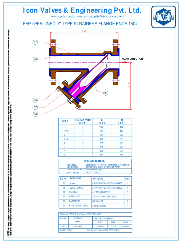 FEP/PFA Lined 'Y' Type Strainers | PDF | Mechanical Engineering | Materials