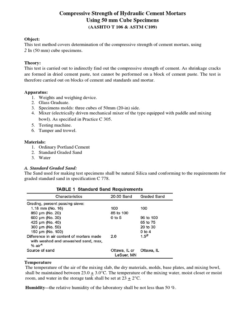Compressive Strength of Cement Mortars Using 50 MM Cube Specimens T 106 ...