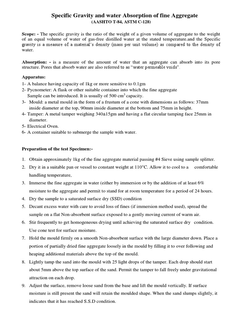 Specific Gravity of Fine Aggregate ASTM C 128 | PDF | Mass | Materials