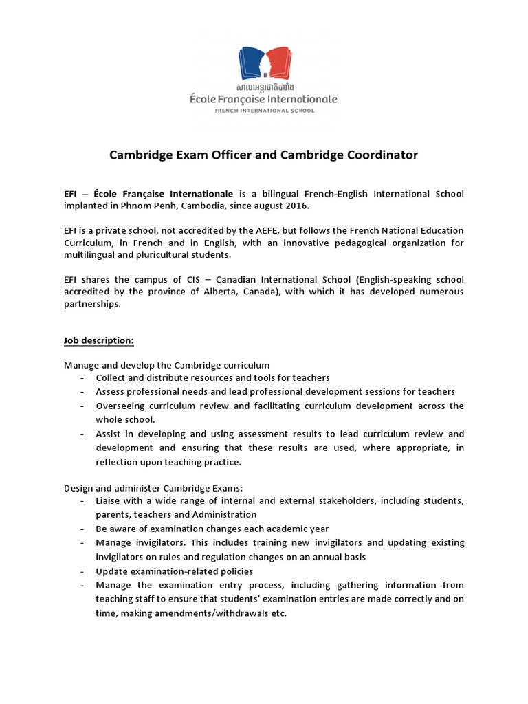 Cambridge Exam Officer Job Description | PDF | Teachers | University Of ...