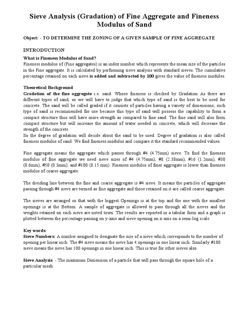 Sieve Analysis (Gradation) of Fine Aggregate and Fineness Modulus of Sand | PDF | Sand | Materials