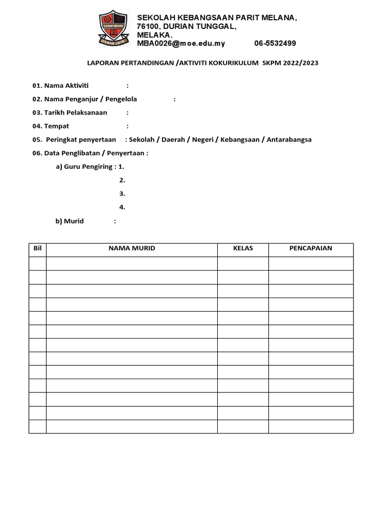 Contoh Laporan Pertandingan Kokurikulum 2022 | PDF
