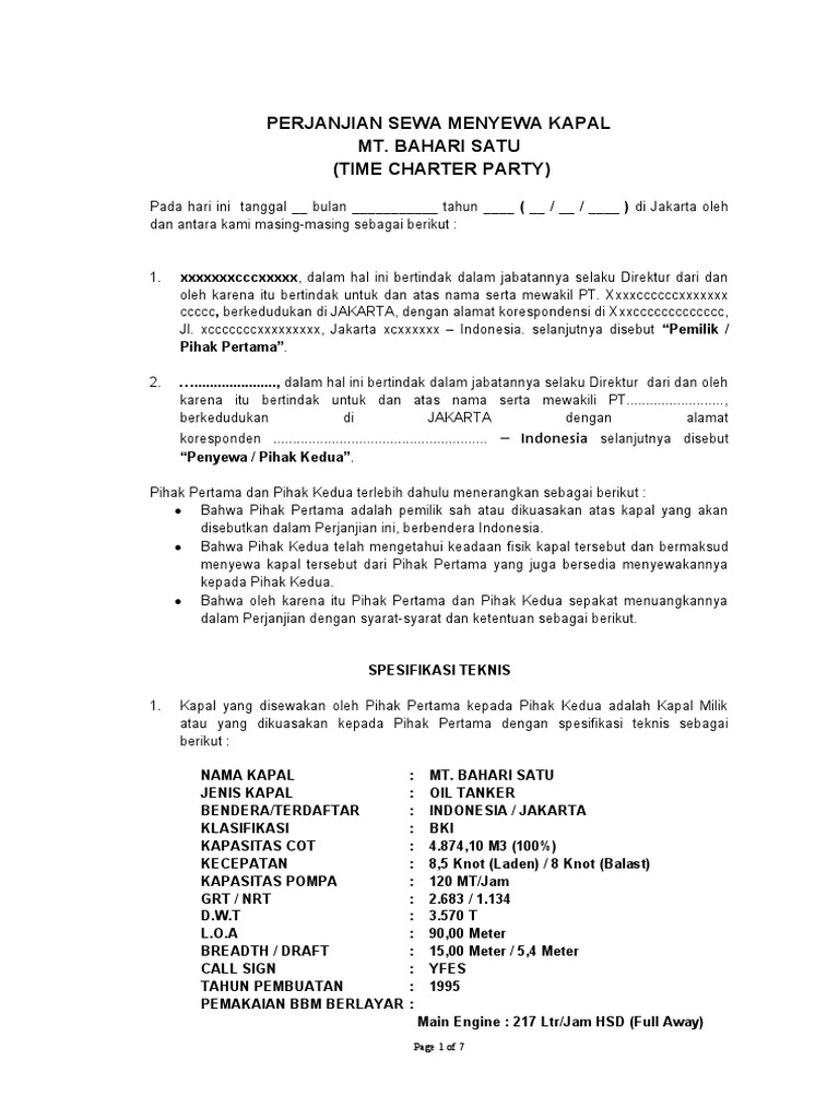 Draft Time Charter Kapal Tanker P (Revisi 2) | PDF
