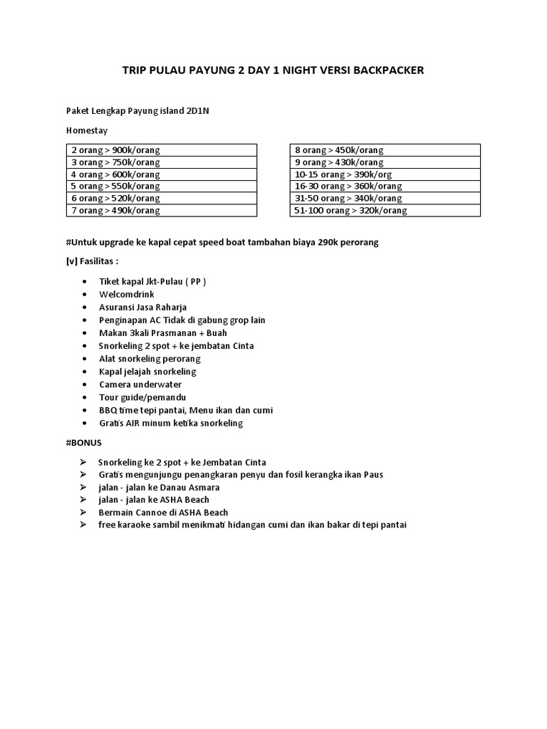 Paket Trip Pulau Payung 2D1N Backpacker | PDF