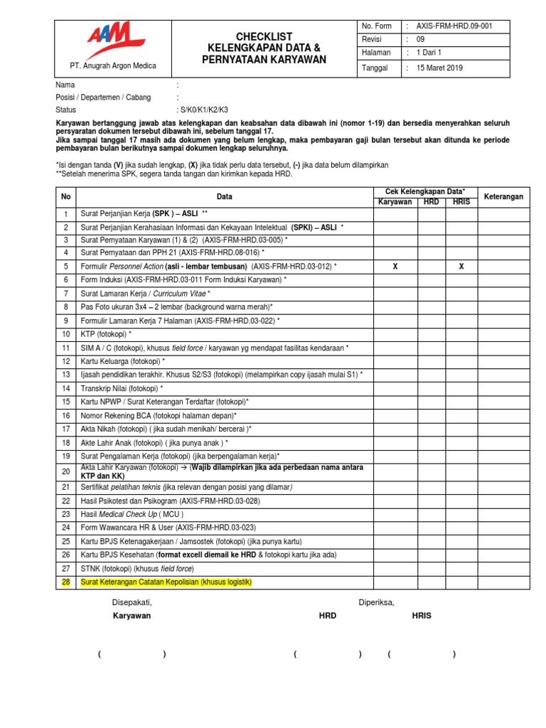 AXIS-FRM-HRD.09-001 Checklist Kelengkapan Data - Pernyataan Karyawan ...