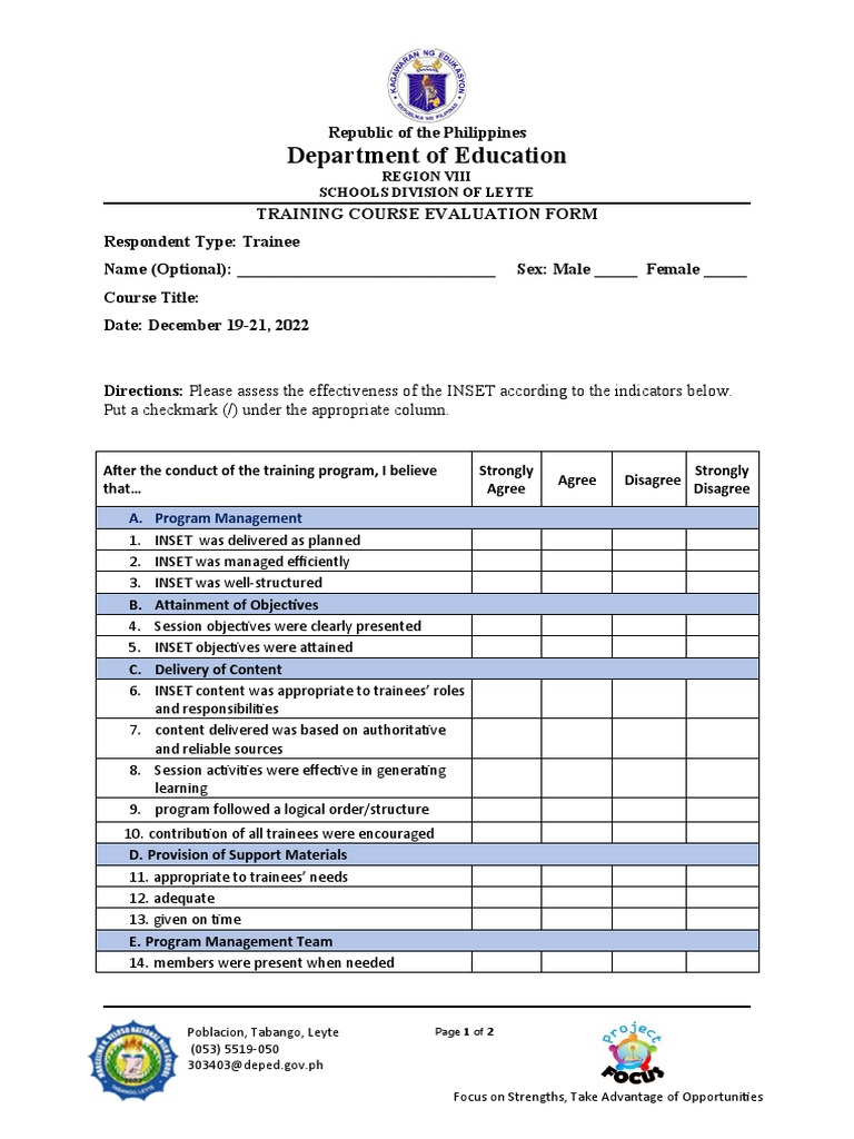 INSET M&E Evaluation Form | PDF | Leadership | Behavioural Sciences