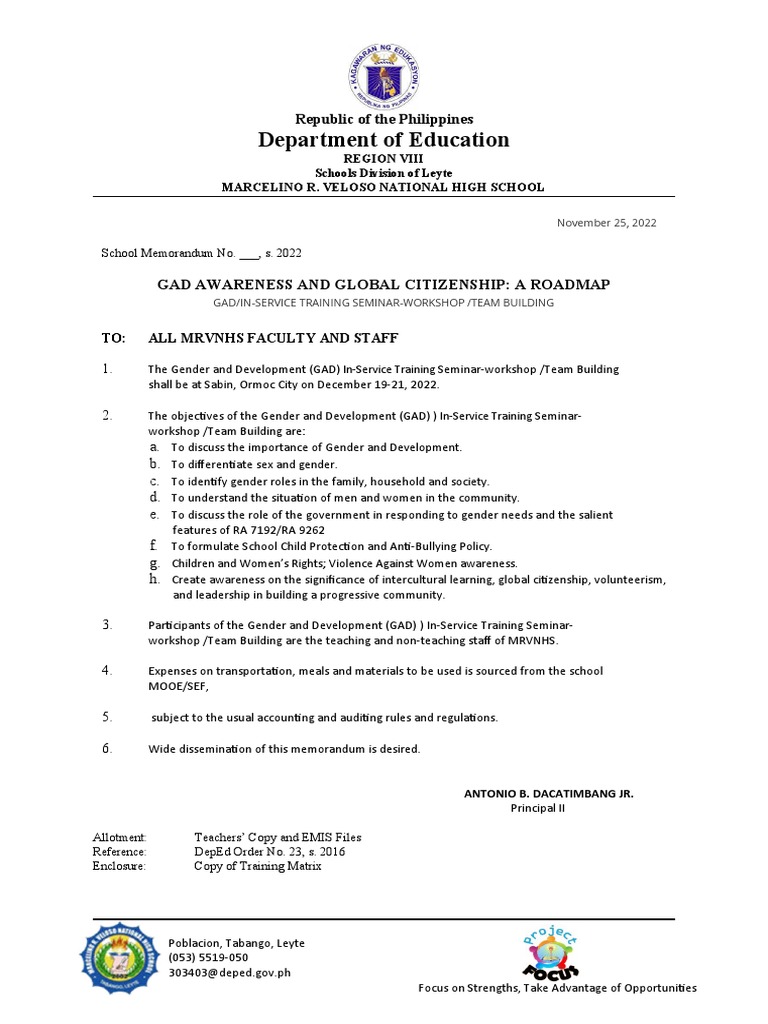 School Memo INSET GAD | PDF | Egalitarianism