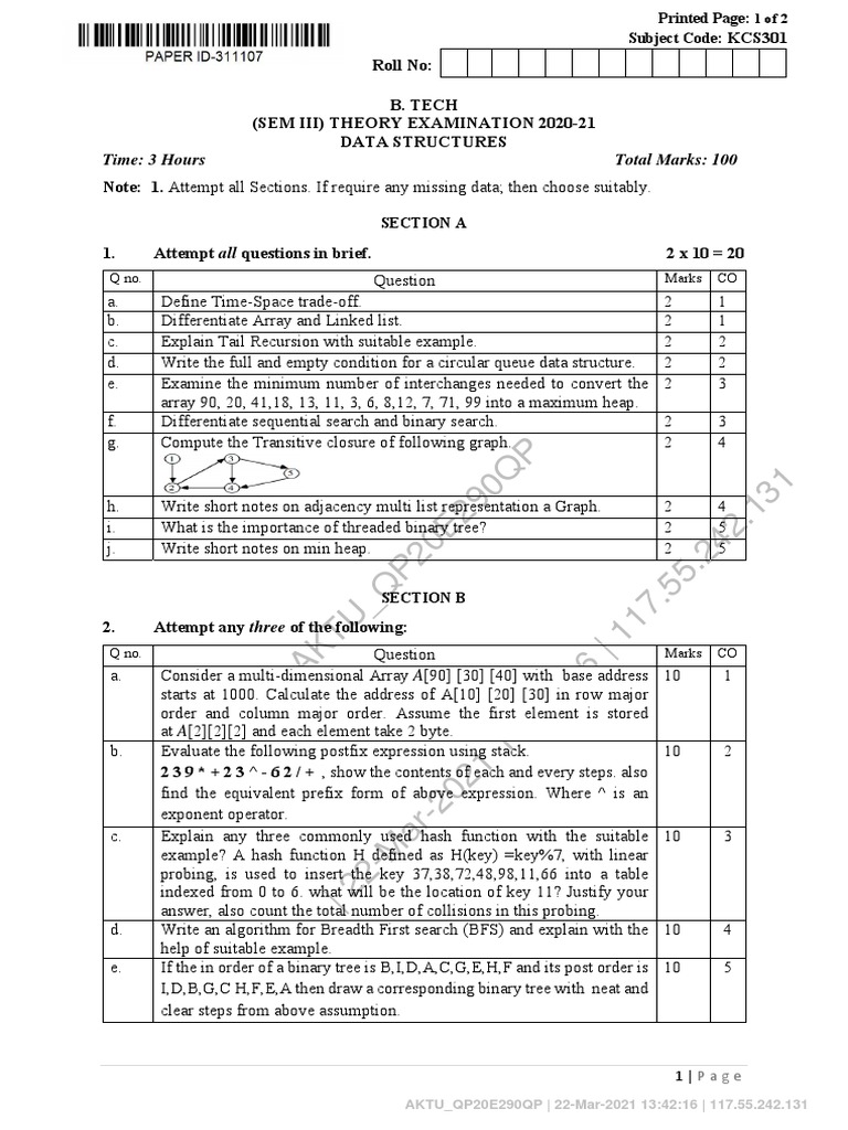 Data Structures exam questions | PDF | Algorithms And Data Structures | Theoretical Computer Science