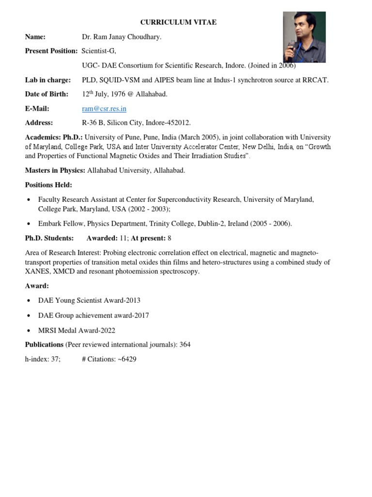 Short CV RJC | PDF | Applied And Interdisciplinary Physics | Materials