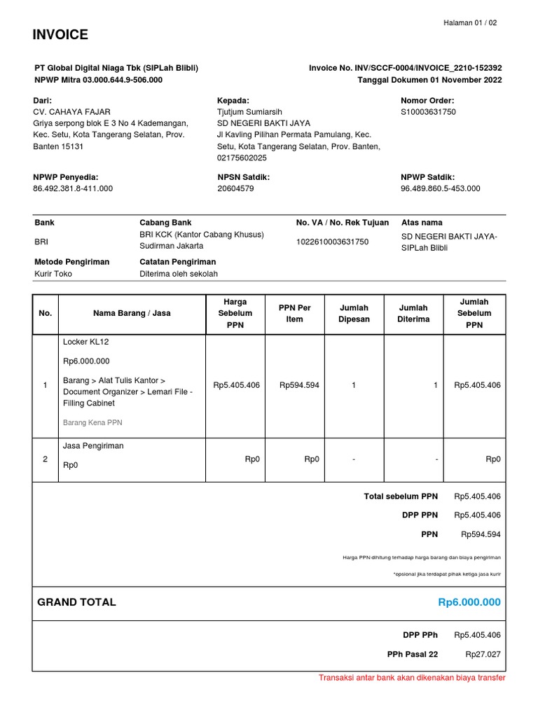 Invoice Pembelian Locker SD Bakti Jaya | PDF