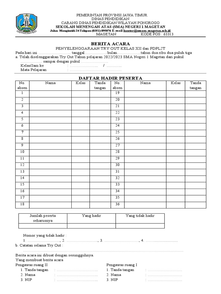 Berita Acara Dan Daftar Hadir Try Out | PDF