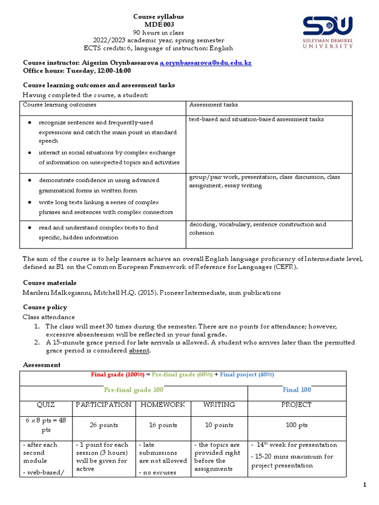 MDE 003 English Course Syllabus 2022-23 | PDF | Vocabulary | Adverb