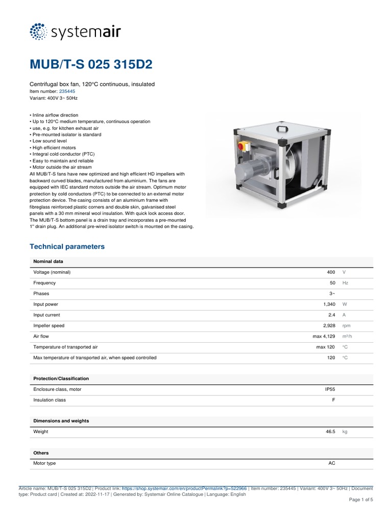MUB/T-S 025 315D2 Fan Specifications | PDF | Electric Motor ...