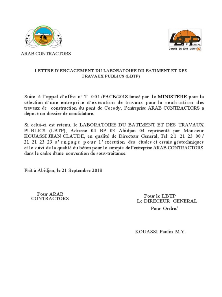 Lettre d'engagement LBTP-Arab Contractors | PDF | Finance et gestion ...