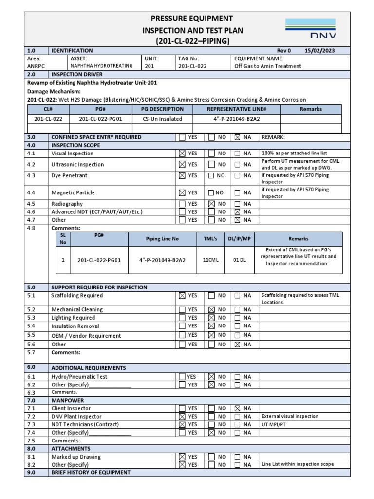 Unit 201 - CL-022 Piping ITP Rev. 0 | PDF | Nondestructive Testing ...