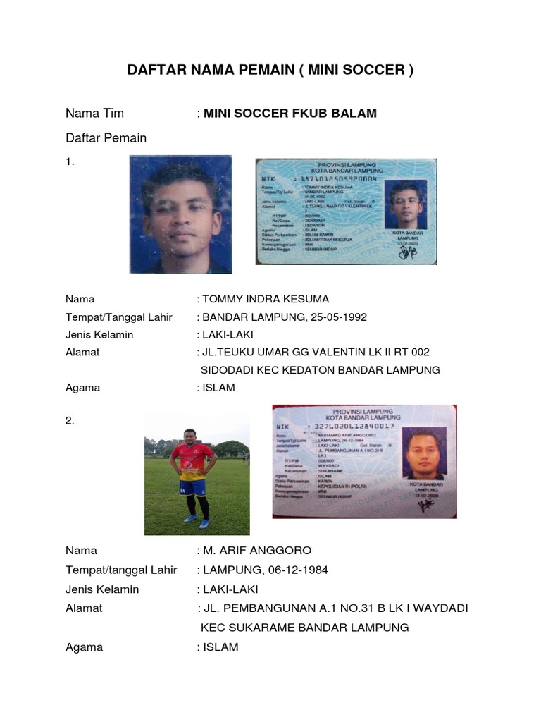 Daftar Nama Pemain Liga Mini Soccer | PDF