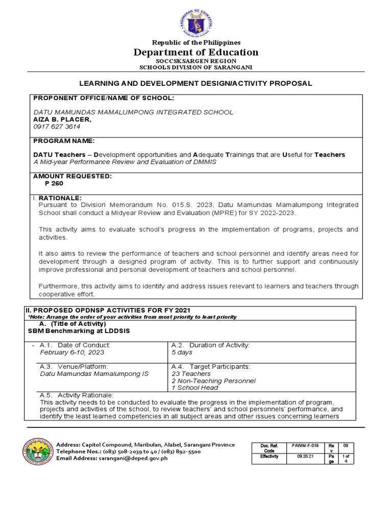 Learning and Development MPRE Activity Proposal | PDF