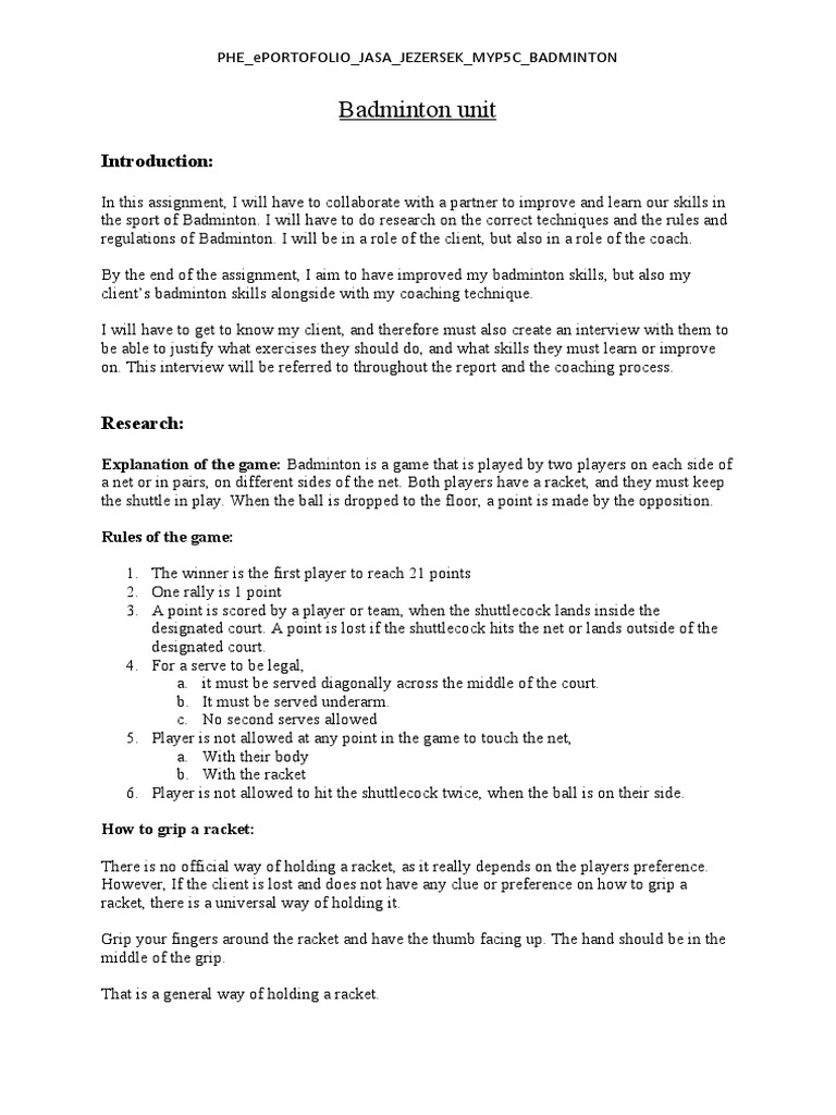 Badminton Unit Eportofolio | PDF