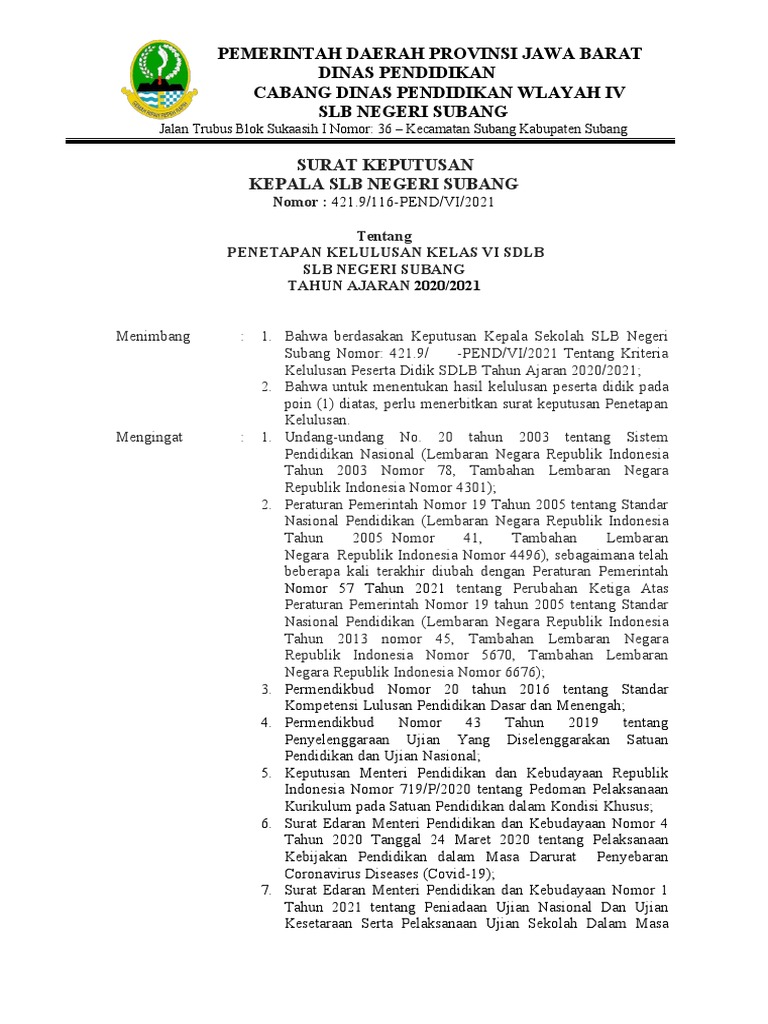 MODEL SK PENETAPAN KELULUSAN SDLB | PDF