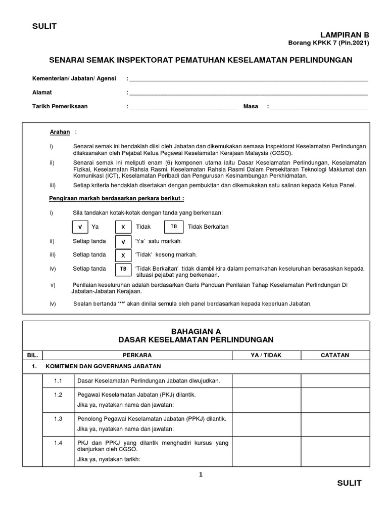 Borang Senarai Semak Inspektorat Pematuhan Keselamatan Perlindungan ...