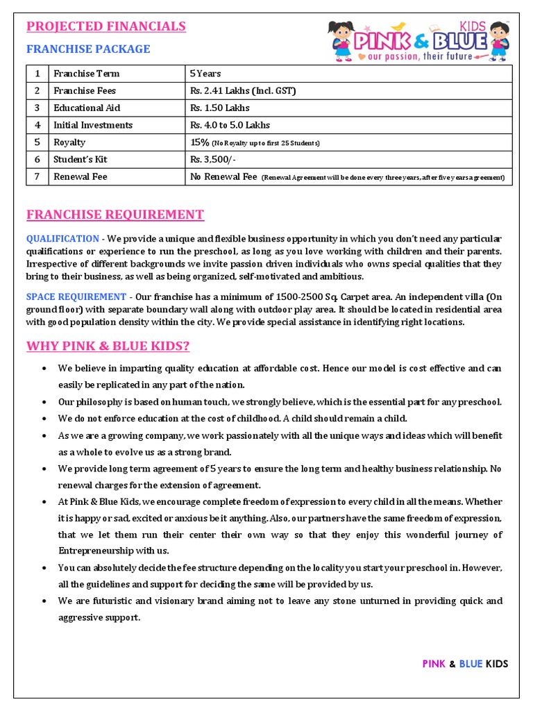 Franchise Proposal - Pink & Blue Kids | PDF | Franchising | Child Care