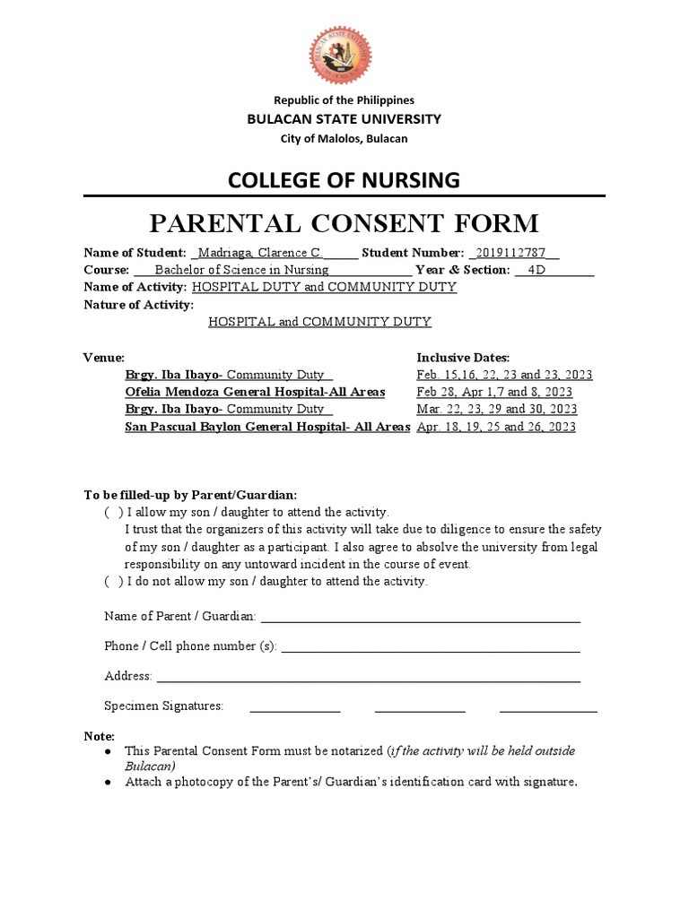Consent for Student Nursing Clinical Duties at Local Hospitals and ...