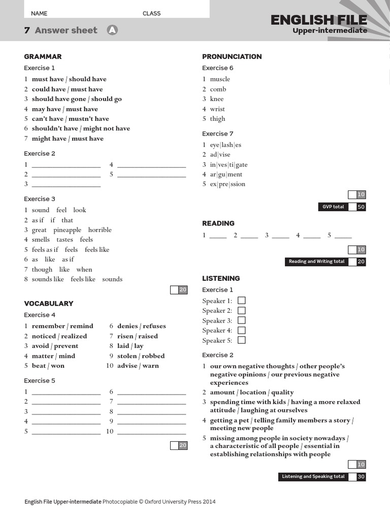 EF3e Uppint Filetest 07a Answer Sheet | PDF | Cognitive Science | Cognition