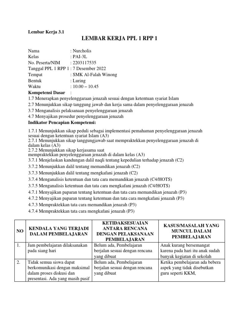 Lembar Kerja PPL 1-2 RPP 1-3 Cholis | PDF | Kesehatan Holistik
