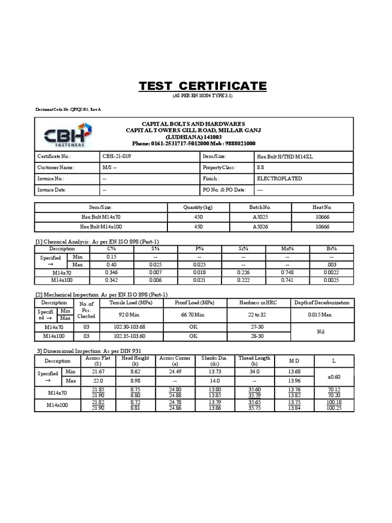Test Certificate: (AS PER EN 10204 TYPE 3.1) | PDF | Screw | Physical ...