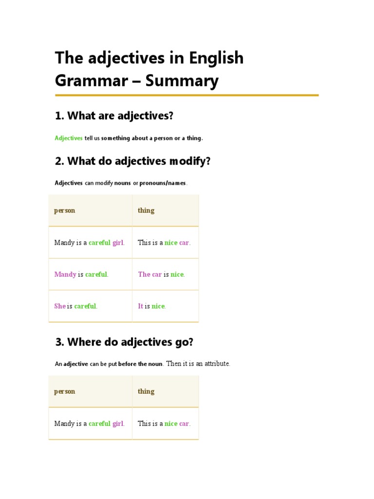 The Adjectives in English Grammar | PDF | Adjective | Verb
