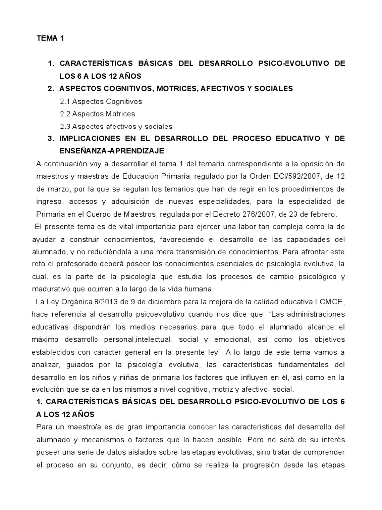 Tema 1 Oposiciones Primaria | PDF | Aprendizaje | Pensamiento