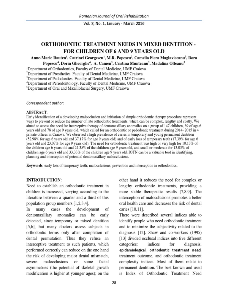 Orthodontic Treatment Needs in Mixed Dentition For Children of 6 and 9 ...